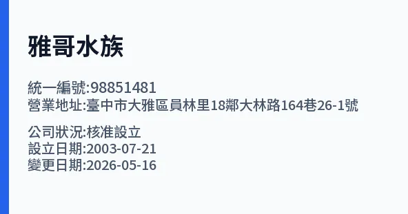雅哥水族的照片-統編 98851481(臺中市) 公司登記資料與營業項目詳細圖表