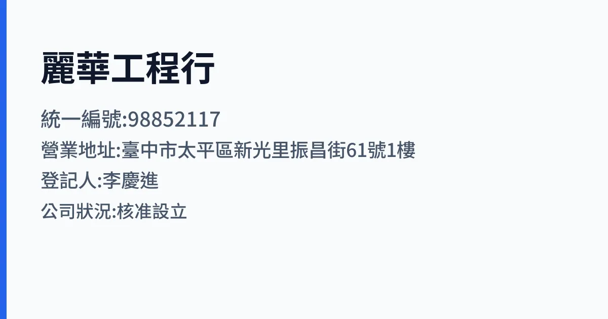 麗華工程行 - 統編 98852117(臺中市) 公司登記資料與營業項目詳細圖表