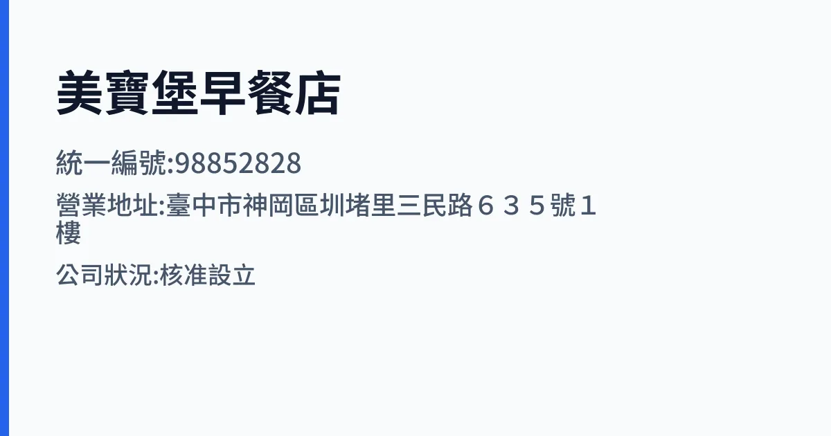 美寶堡早餐店 - 統編 98852828(臺中市) 公司登記資料與營業項目詳細圖表