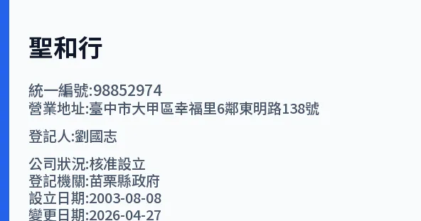 聖和行的照片-統編 98852974(臺中市) 公司登記資料與營業項目詳細圖表