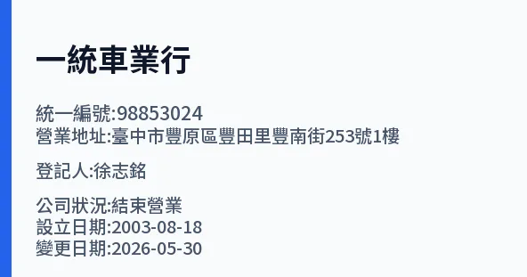 一統車業行的照片-統編 98853024(臺中市) 公司登記資料與營業項目詳細圖表