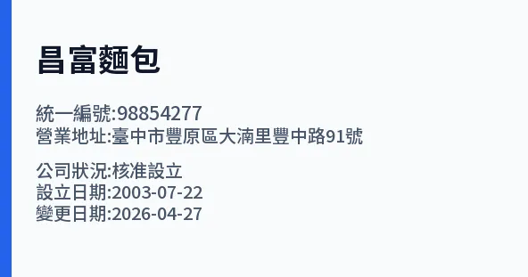 昌富麵包的照片-統編 98854277(臺中市) 公司登記資料與營業項目詳細圖表