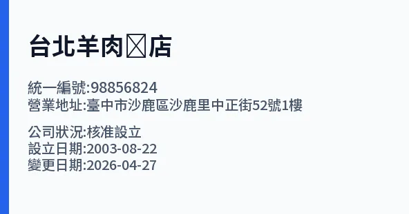台北羊肉焿店的照片-統編 98856824(臺中市) 公司登記資料與營業項目詳細圖表