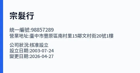 宗髮行的照片-統編 98857289(臺中市) 公司登記資料與營業項目詳細圖表