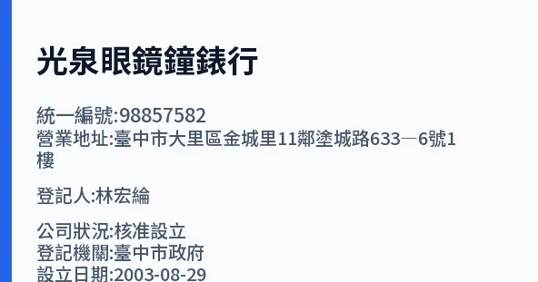 光泉眼鏡鐘錶行的照片-統編 98857582(臺中市) 公司登記資料與營業項目詳細圖表