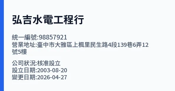弘吉水電工程行的照片-統編 98857921(臺中市) 公司登記資料與營業項目詳細圖表