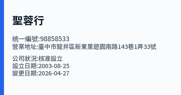 聖蓉行的照片-統編 98858533(臺中市) 公司登記資料與營業項目詳細圖表