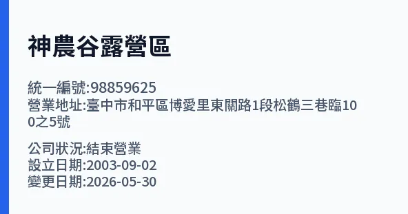 神農谷露營區的照片-統編 98859625(臺中市) 公司登記資料與營業項目詳細圖表