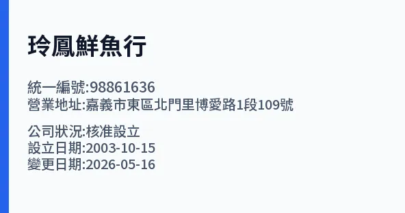 玲鳳鮮魚行的照片-統編 98861636(嘉義市) 公司登記資料與營業項目詳細圖表