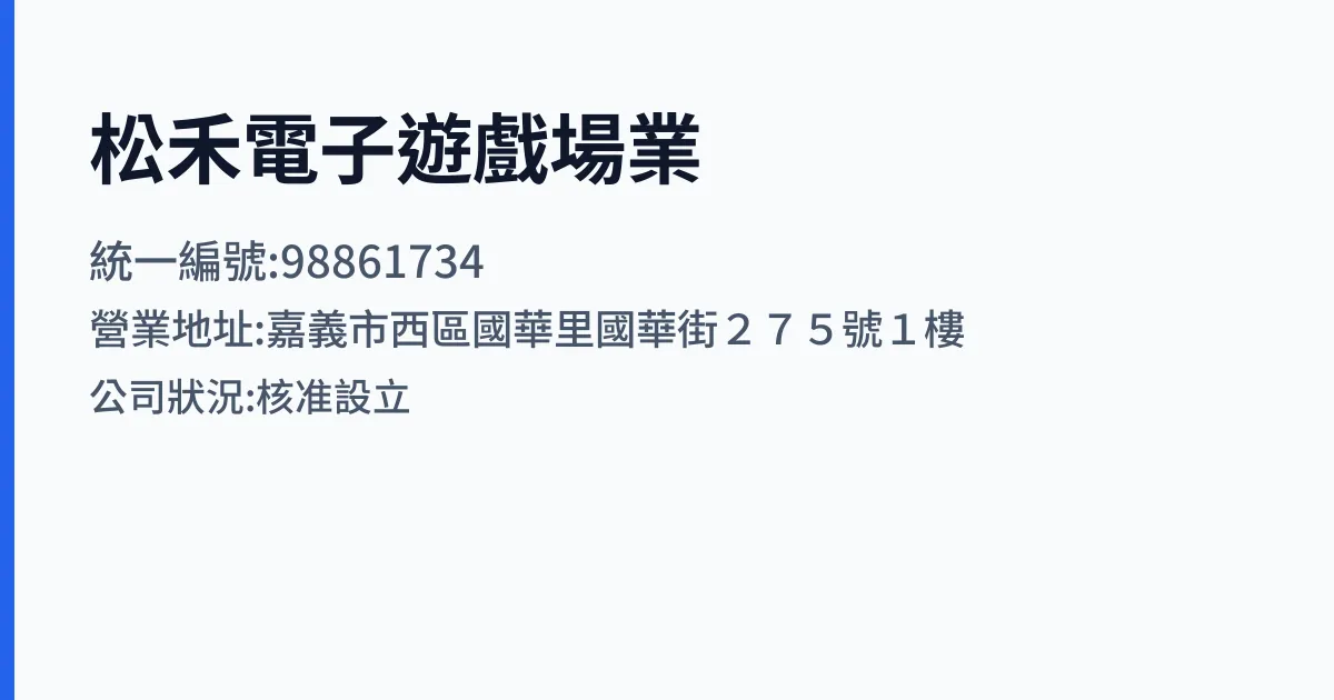 松禾電子遊戲場業 - 統編 98861734(嘉義市) 公司登記資料與營業項目詳細圖表