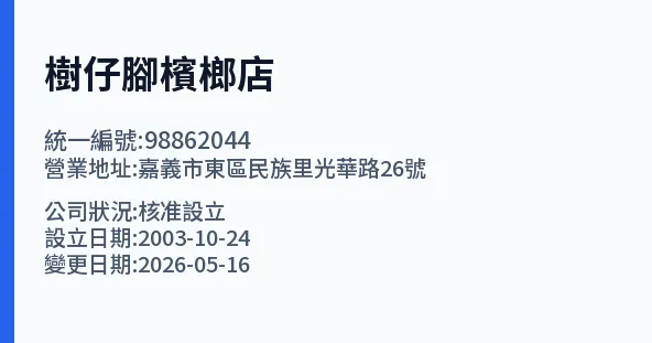 樹仔腳檳榔店的照片-統編 98862044(嘉義市) 公司登記資料與營業項目詳細圖表