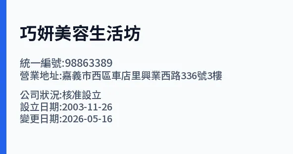 巧妍美容生活坊的照片-統編 98863389(嘉義市) 公司登記資料與營業項目詳細圖表