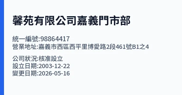 馨苑有限公司嘉義門市部的照片-統編 98864417(嘉義市) 公司登記資料與營業項目詳細圖表