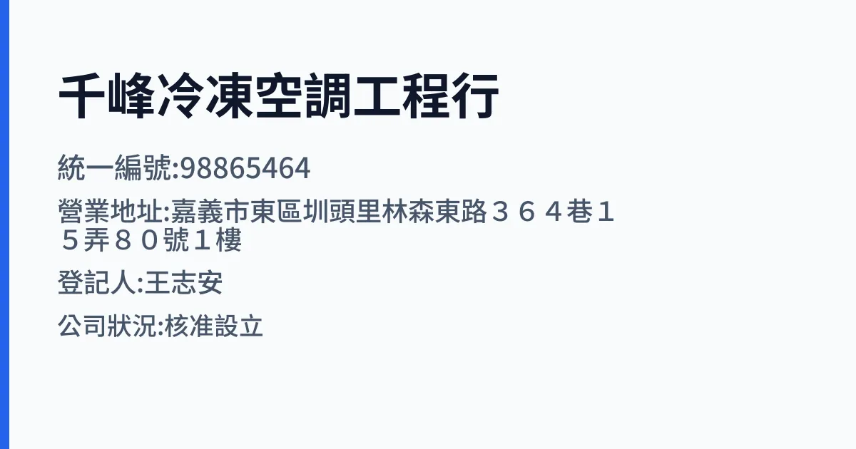 千峰冷凍空調工程行 - 統編 98865464(嘉義市) 公司登記資料與營業項目詳細圖表