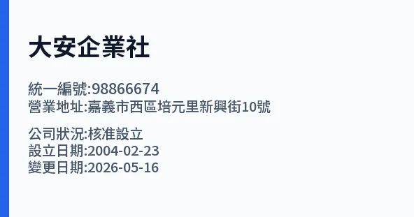 大安企業社的照片-統編 98866674(嘉義市) 公司登記資料與營業項目詳細圖表