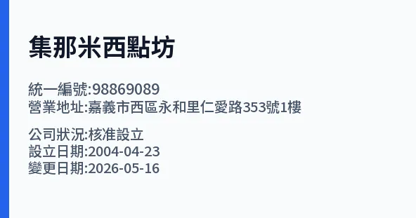 集那米西點坊的照片-統編 98869089(嘉義市) 公司登記資料與營業項目詳細圖表