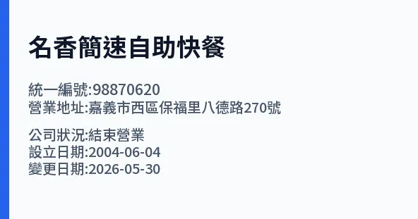名香簡速自助快餐的照片-統編 98870620(嘉義市) 公司登記資料與營業項目詳細圖表