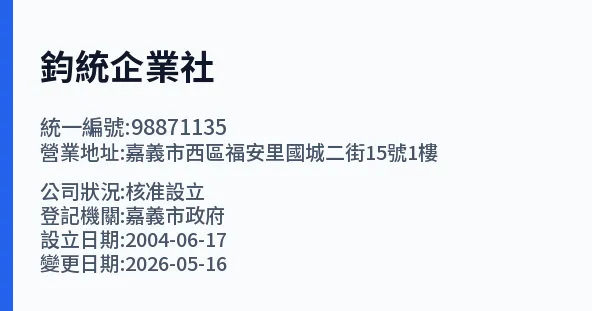 鈞統企業社的照片-統編 98871135(嘉義市) 公司登記資料與營業項目詳細圖表