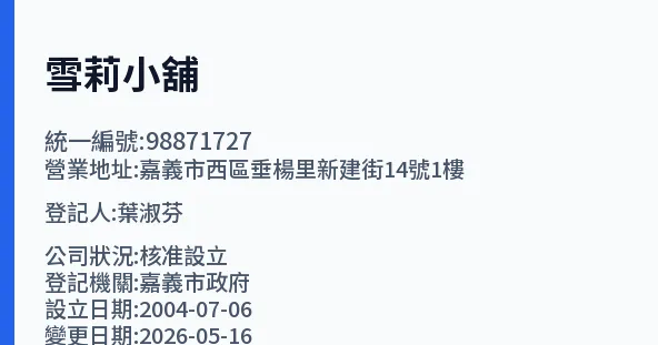 雪莉小舖的照片-統編 98871727(嘉義市) 公司登記資料與營業項目詳細圖表