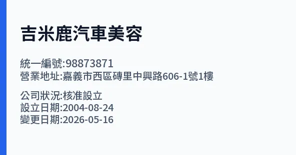 吉米鹿汽車美容的照片-統編 98873871(嘉義市) 公司登記資料與營業項目詳細圖表