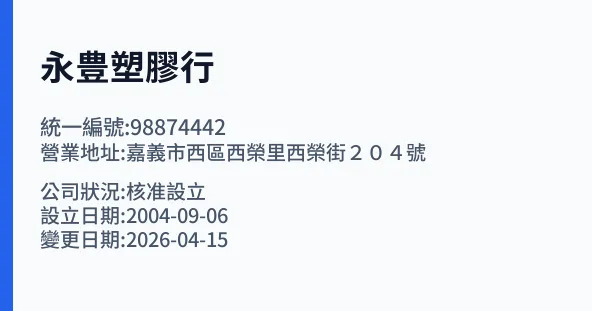 永豊塑膠行的照片-統編 98874442(嘉義市) 公司登記資料與營業項目詳細圖表
