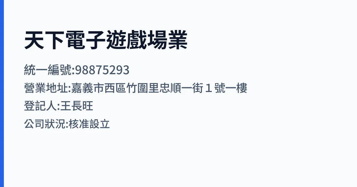 天下電子遊戲場業 - 統編 98875293(嘉義市) 公司登記資料與營業項目詳細圖表