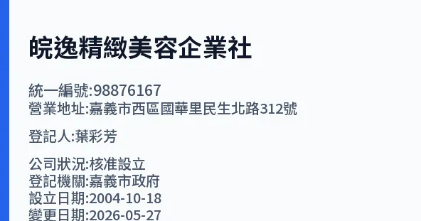皖逸精緻美容企業社的照片-統編 98876167(嘉義市) 公司登記資料與營業項目詳細圖表