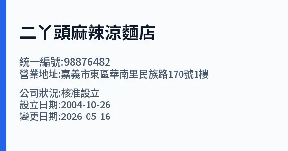 二丫頭麻辣涼麵店的照片-統編 98876482(嘉義市) 公司登記資料與營業項目詳細圖表