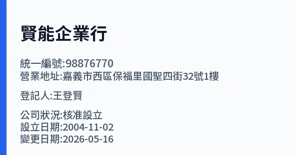 賢能企業行的照片-統編 98876770(嘉義市) 公司登記資料與營業項目詳細圖表