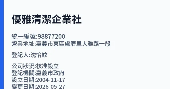 優雅清潔企業社的照片-統編 98877200(嘉義市) 公司登記資料與營業項目詳細圖表