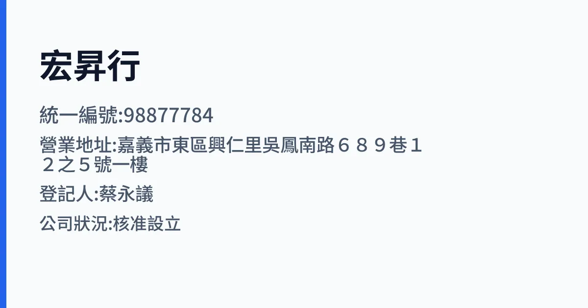 宏昇行 - 統編 98877784(嘉義市) 公司登記資料與營業項目詳細圖表