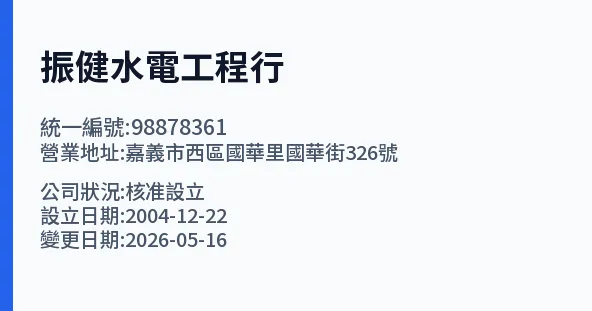 振健水電工程行的照片-統編 98878361(嘉義市) 公司登記資料與營業項目詳細圖表