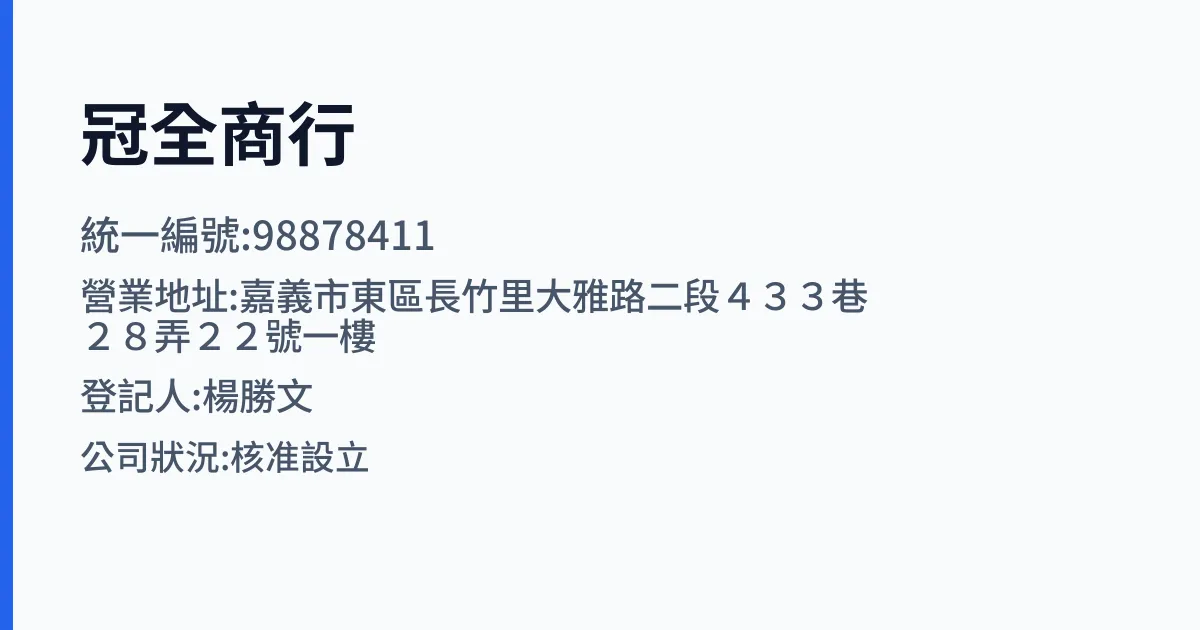 冠全商行 - 統編 98878411(嘉義市) 公司登記資料與營業項目詳細圖表