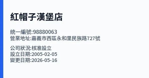 紅帽子漢堡店的照片-統編 98880063(嘉義市) 公司登記資料與營業項目詳細圖表