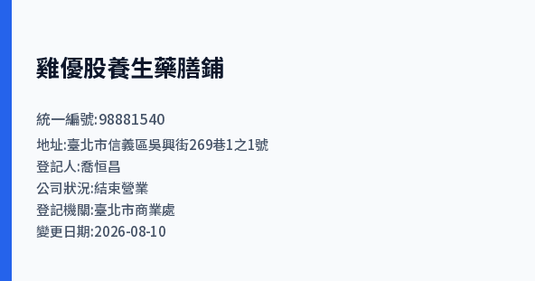 雞優股養生藥膳鋪的照片-統編 98881540(臺北市) 公司登記資料與營業項目詳細圖表