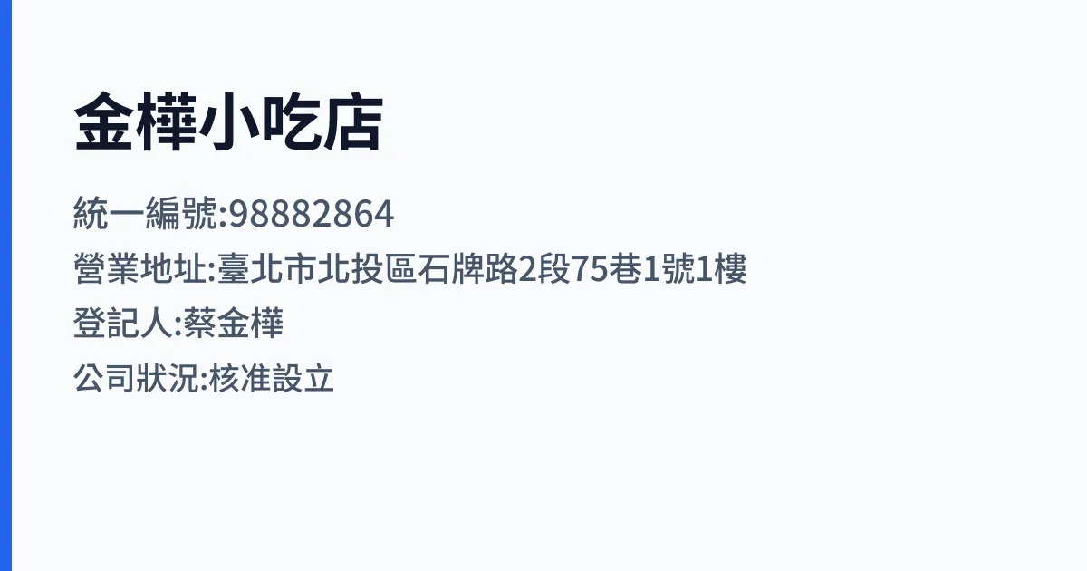 金樺小吃店 - 統編 98882864(臺北市) 公司登記資料與營業項目詳細圖表