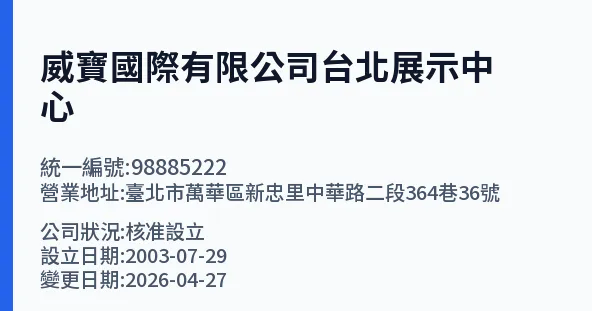 威寶國際有限公司台北展示中心的照片-統編 98885222(臺北市) 公司登記資料與營業項目詳細圖表