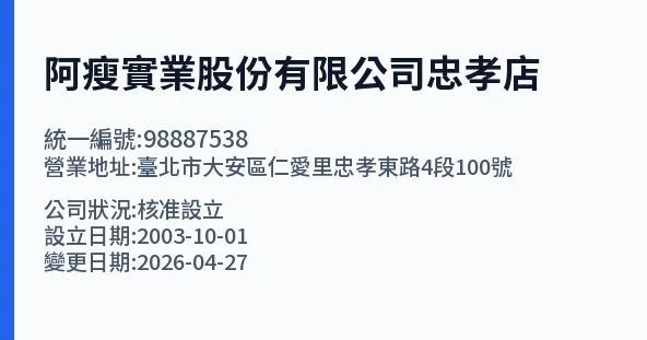 阿瘦實業股份有限公司忠孝店的照片-統編 98887538(臺北市) 公司登記資料與營業項目詳細圖表