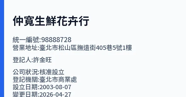 仲寬生鮮花卉行的照片-統編 98888728(臺北市) 公司登記資料與營業項目詳細圖表