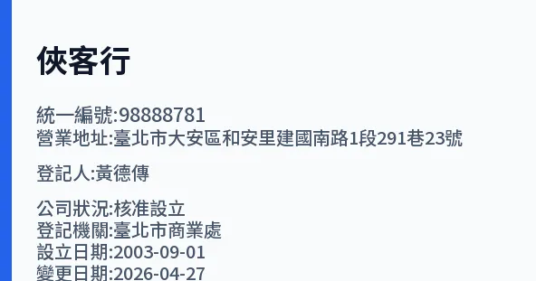 俠客行的照片-統編 98888781(臺北市) 公司登記資料與營業項目詳細圖表