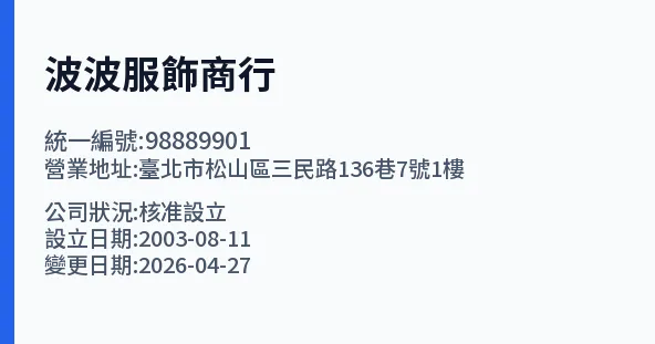 波波服飾商行的照片-統編 98889901(臺北市) 公司登記資料與營業項目詳細圖表