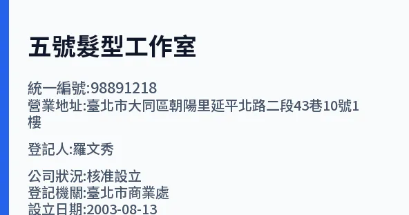 五號髮型工作室的照片-統編 98891218(臺北市) 公司登記資料與營業項目詳細圖表