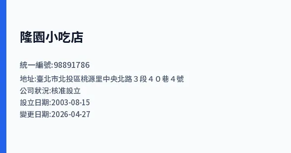 隆園小吃店的照片-統編 98891786(臺北市) 公司登記資料與營業項目詳細圖表