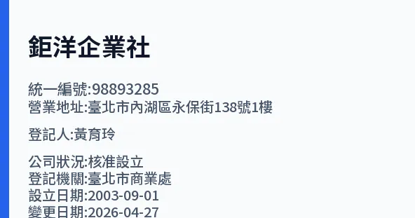 鉅洋企業社的照片-統編 98893285(臺北市) 公司登記資料與營業項目詳細圖表