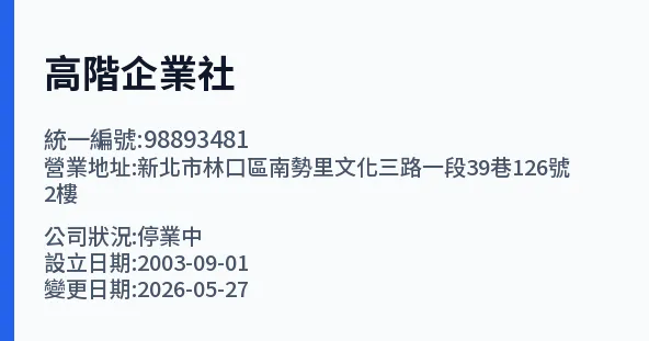 高階企業社的照片-統編 98893481(新北市) 公司登記資料與營業項目詳細圖表