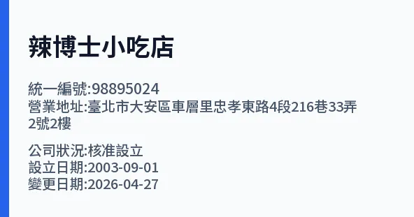 辣博士小吃店的照片-統編 98895024(臺北市) 公司登記資料與營業項目詳細圖表