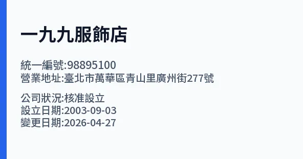 一九九服飾店的照片-統編 98895100(臺北市) 公司登記資料與營業項目詳細圖表
