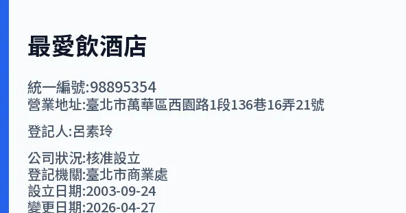 最愛飲酒店的照片-統編 98895354(臺北市) 公司登記資料與營業項目詳細圖表