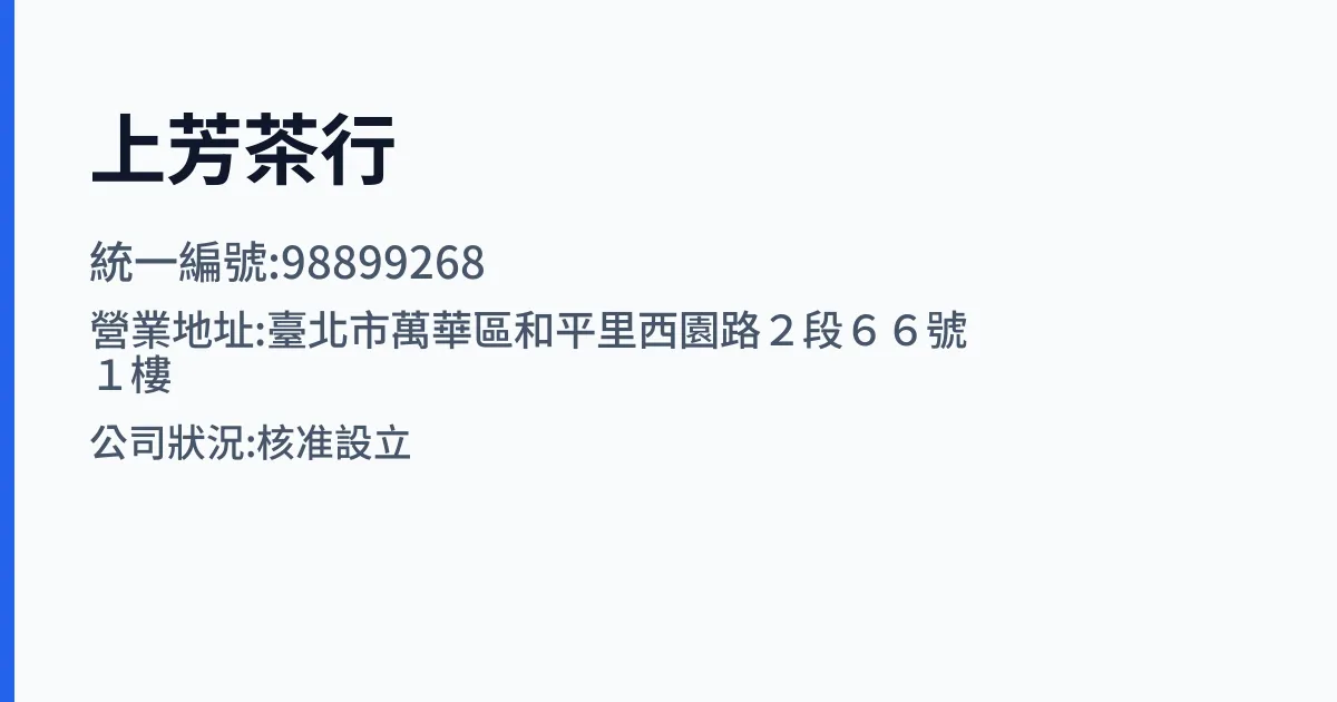 上芳茶行 - 統編 98899268(臺北市) 公司登記資料與營業項目詳細圖表