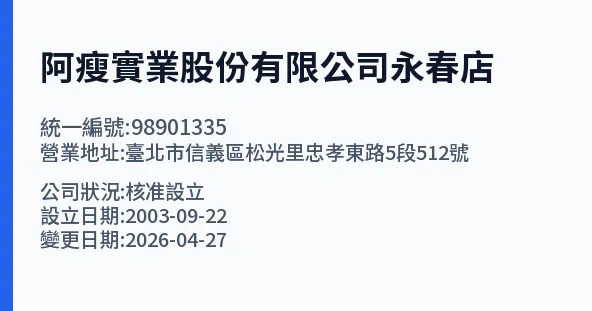 阿瘦實業股份有限公司永春店的照片-統編 98901335(臺北市) 公司登記資料與營業項目詳細圖表